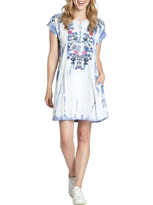 APNY Embroidered Tie-dye Shift Dress - Indigo Tiedye