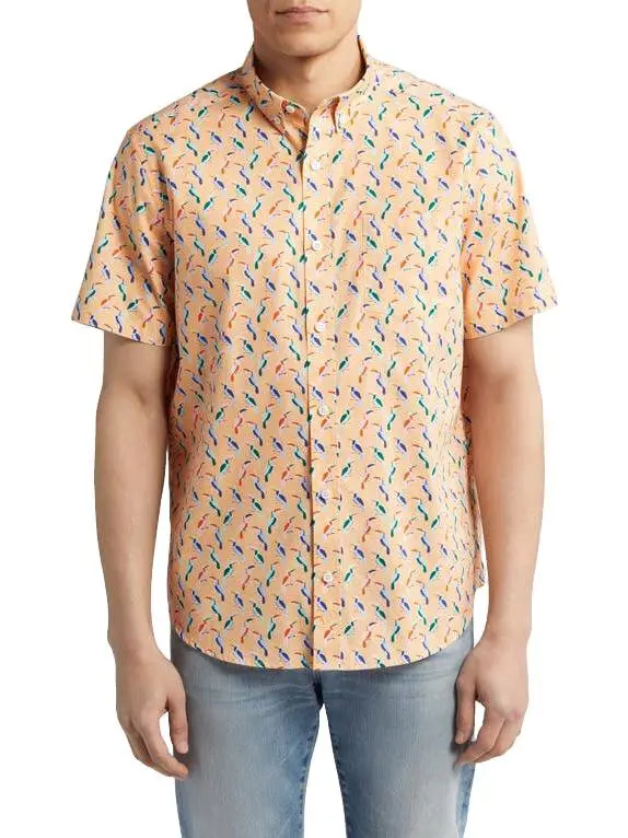 Johnston & Murphy Toucan Print Short Sleeve Cotton Button-down Shirt - Melon