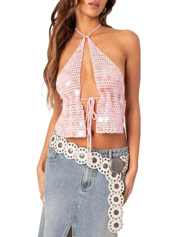 EDIKTED Backless Paillette Crochet Halter Top - Pink