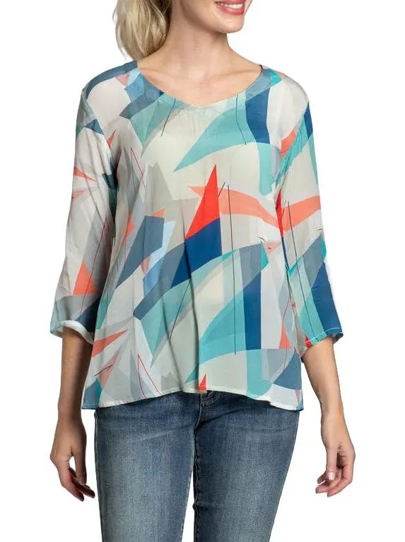 APNY Print V-neck Three-quarter-sleeve Chiffon Top - Green Multi