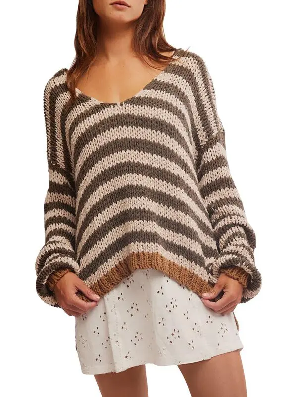 Free People Portland Stripe Cotton Sweater - Seaweed Shell