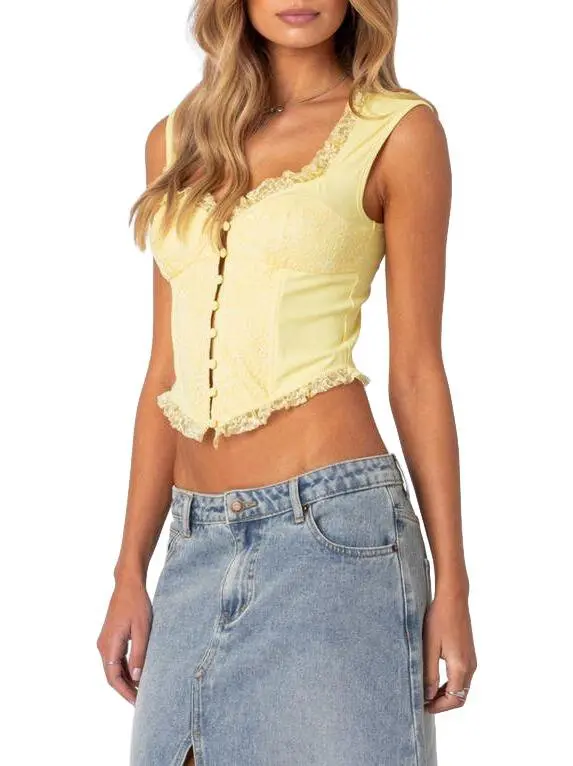 EDIKTED Lace Panel Corset Crop Top - Yellow