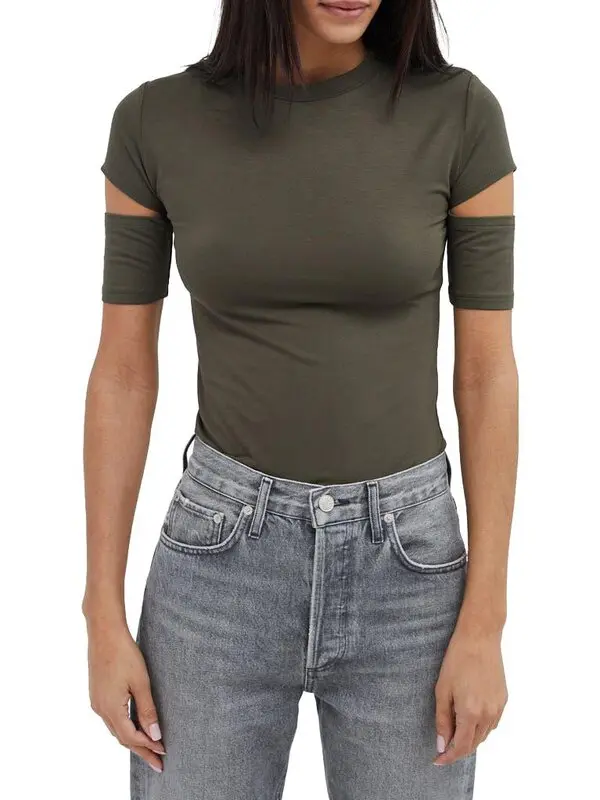 MARCELLA Esme Cutout Sleeve T-shirt - Olive Green