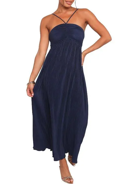PETAL & PUP Polly Pleated Sleeveless Midi A-line Dress - Navy