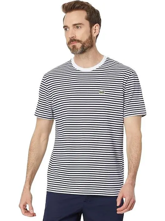 Lacoste Short Sleeve Classic Fit Stripped Crew Neck Tee Shirt T Shirt Narcissus/blizzard/cement - Blue