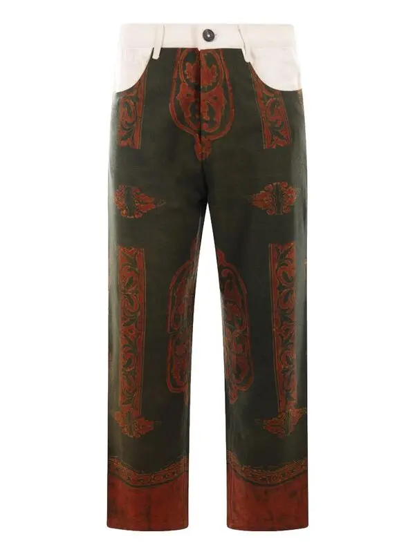 KARTIK RESEARCH Printed Workwear Trousers - Ecru+emerald+orange