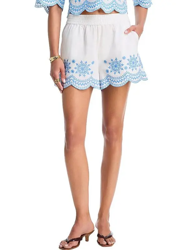 French Connection Alissa Embroidered Cotton Shorts - Linen White/poolside Blue