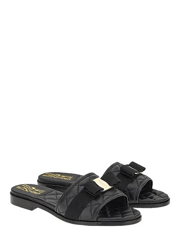 FERRAGAMO Lovec Q Bow Accent Quilted Slide Sandals - Nero
