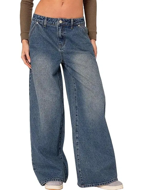 EDIKTED Super Baggy Wide Leg Denim Jeans - Blue