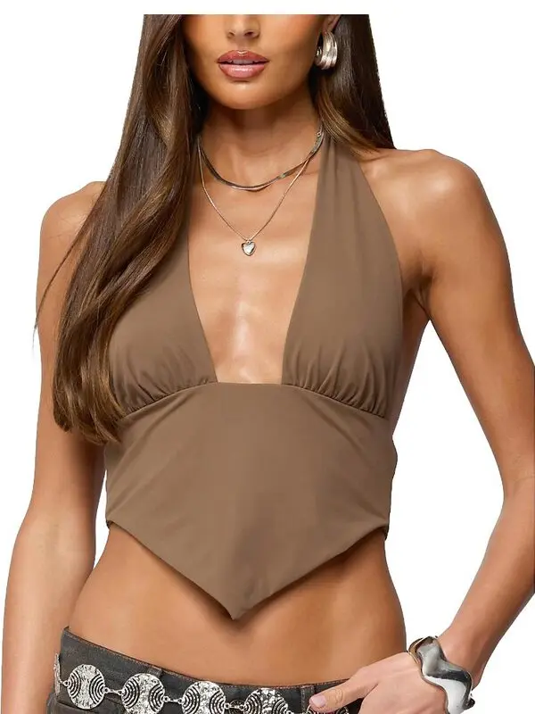 EDIKTED Open Back Halter Top - Brown