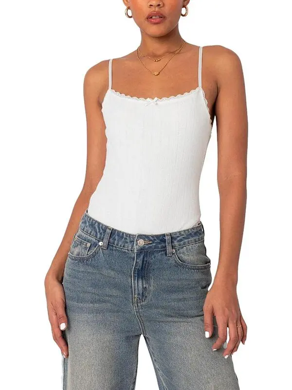 EDIKTED Krysten Lacey Pointelle Bodysuit Top - White