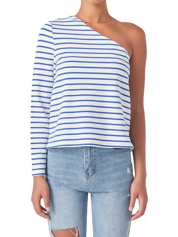 GREY LAB Stripe One-shoulder Asymmetric Top - White/blue