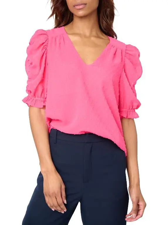 GIBSONLOOK Clip Dot Ruched Sleeve Chiffon Top - Bright Pink Rose
