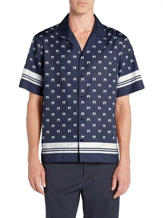 Moncler Logo Short Sleeve Cotton Poplin Button-up Shirt - Navy