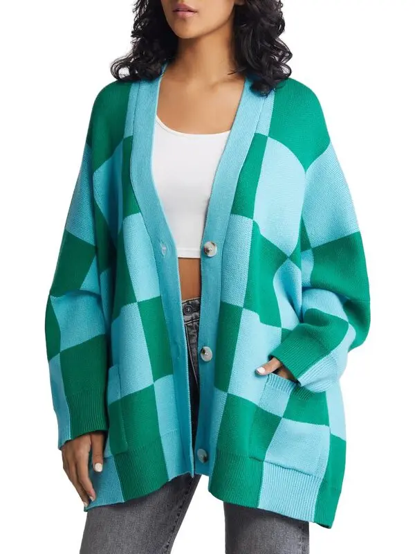 DRESSED IN LALA Oversize Checkerboard Cardigan - Emerald/ Sky
