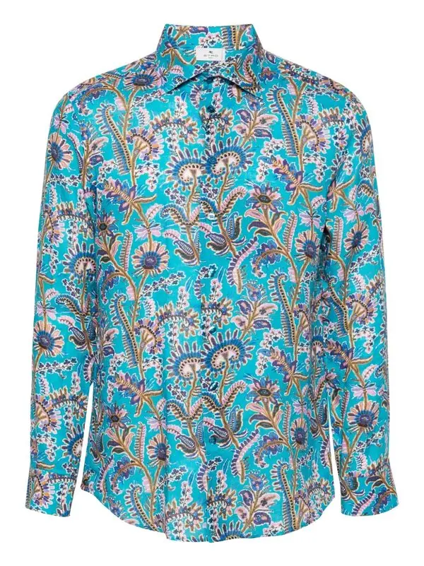 Etro Floral-print Linen Shirt - Blue
