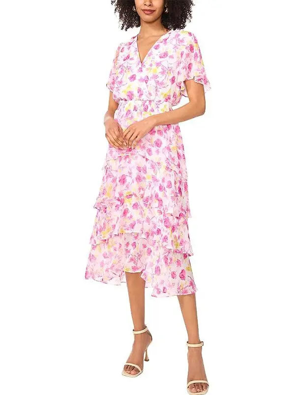 Vince Camuto Floral Print Flutter Sleeve Tiered Ruffle Midi Dress - Violet Blush
