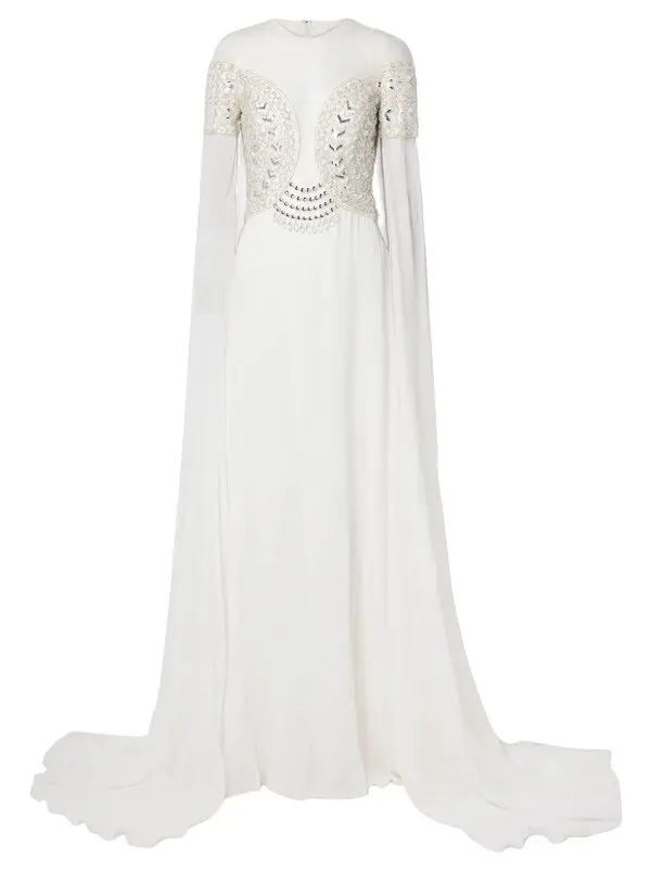 GEORGES HOBEIKA Tulle-trimmed Embellished Georgette Gown - White