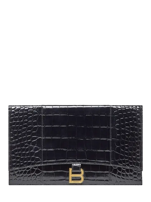 Balenciaga Hourglass Crocodile Embossed Flat Pouch - Black