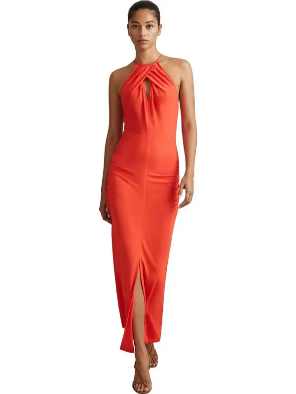 REISS Kia Jersey Halter Neck Midi Dress - Orange