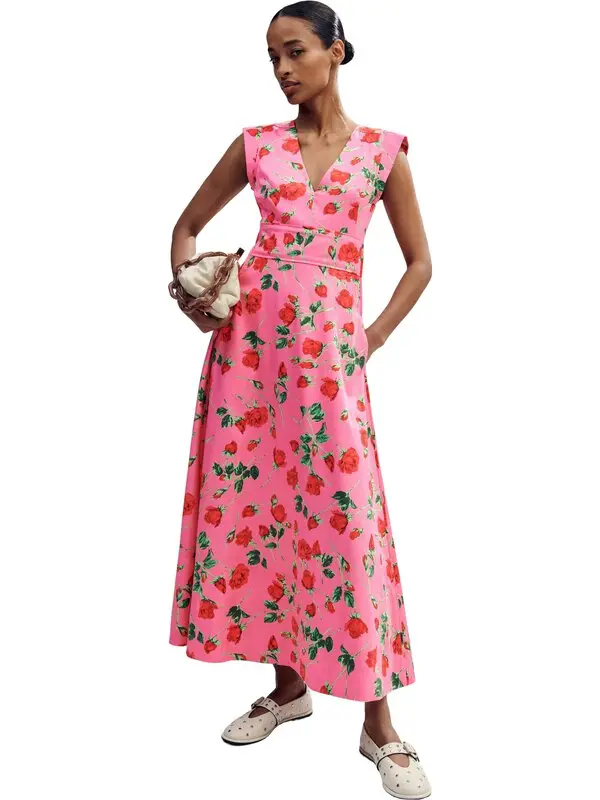 ME+EM Cotton Sateen Rose Print Maxi Dress - Pink/green/red