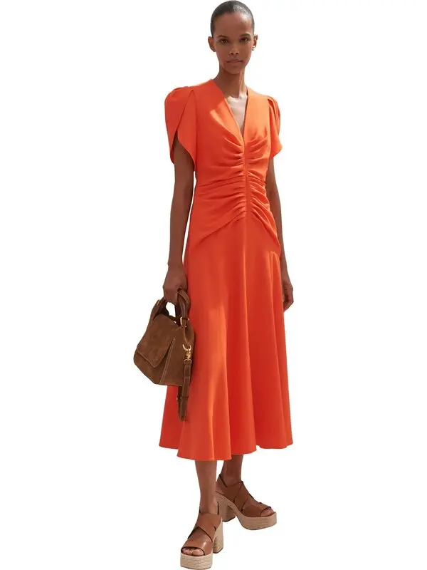ME+EM Textured Pleat Front Midi Dress - Orange