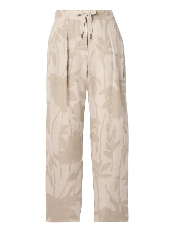 Brunello Cucinelli Pleated Floral-print Linen Tapered Pants - Neutrals