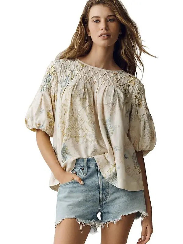 Anthropologie The Liza Puff-sleeve Smocked Top - Ivory Pattern