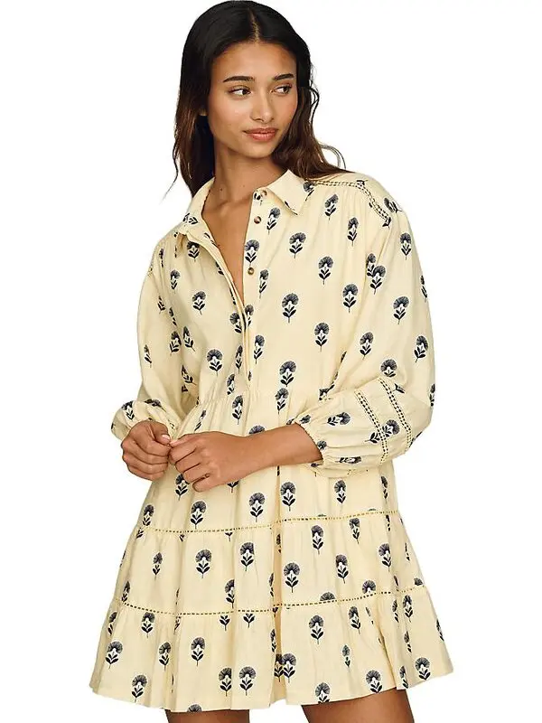 Maeve Bettina Linen Blend Tiered Mini Shirt Dress - Yellow Pattern