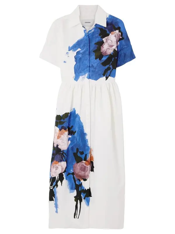 Erdem Gathered Floral-print Cotton-blend Faille Midi Shirt Dress - Blue