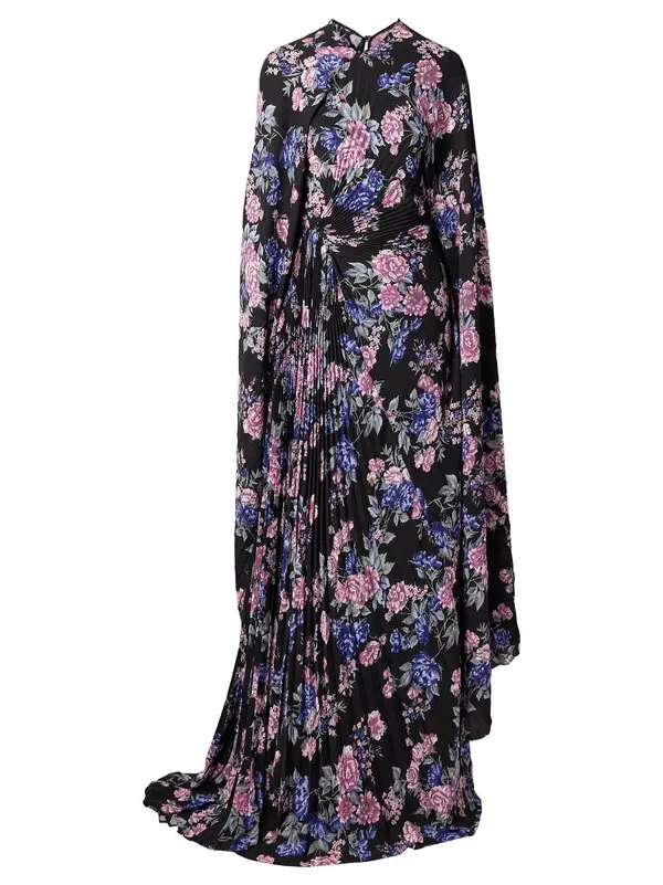 Balenciaga Cape-effect Floral-print Plissé-crepe Gown - Black