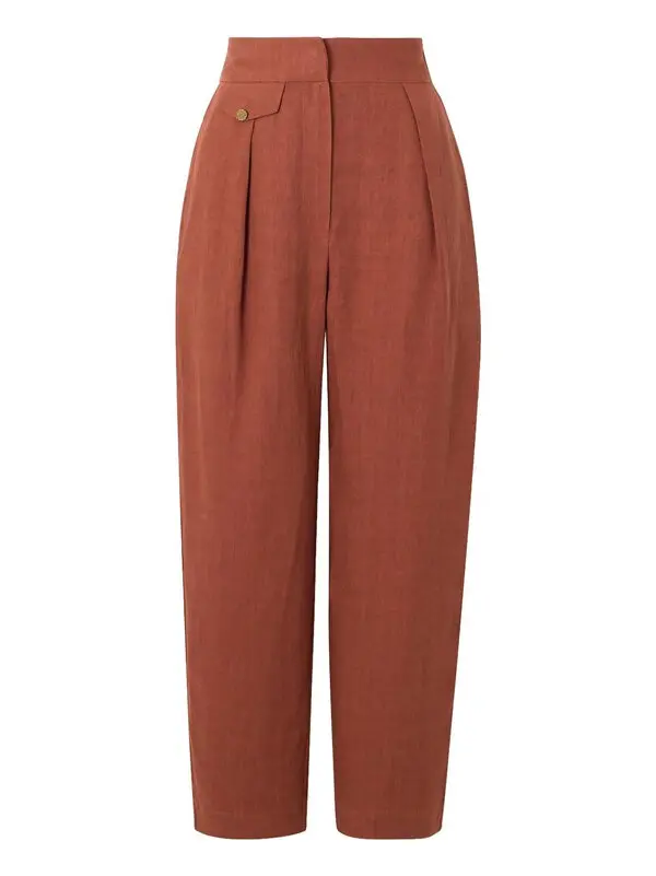 Le Kasha Jaouf Cropped Pleated Organic Linen Straight-leg Pants - Brown