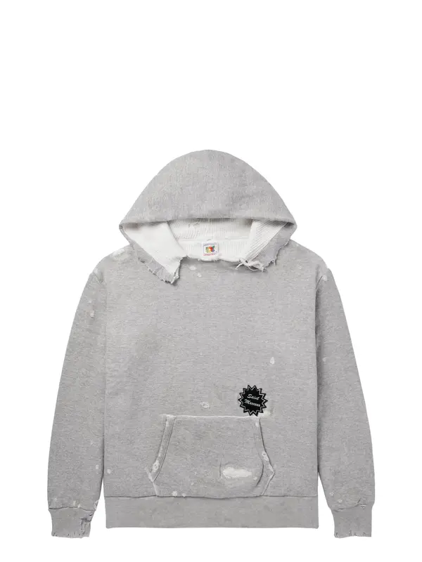 SAINT MXXXXXX Logo-appliquèd Distressed Hoodie - Gray