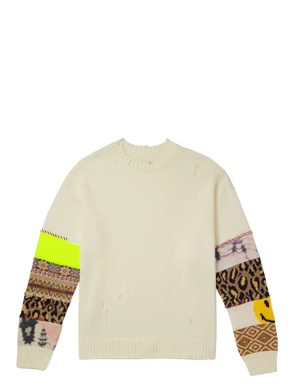 Kapital 5g Distressed Jacquard-knit Sweater - Neutrals
