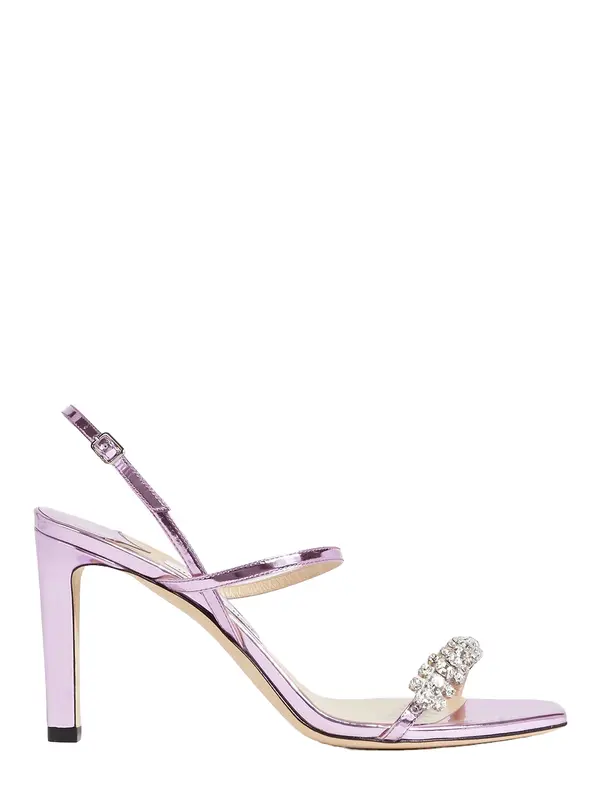 JIMMY CHOO Meira 85 Crystal-embellished Mirrored-leather Sandals - Lavender