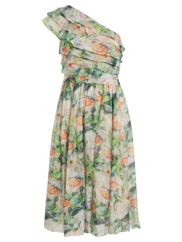 MIKAEL AGHAL One-shoulder Printed Gauze Dress - Green