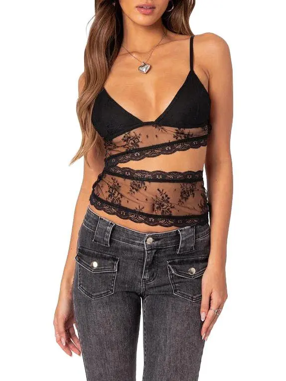 EDIKTED Spice Cutout Sheer Lace Camisole - Black