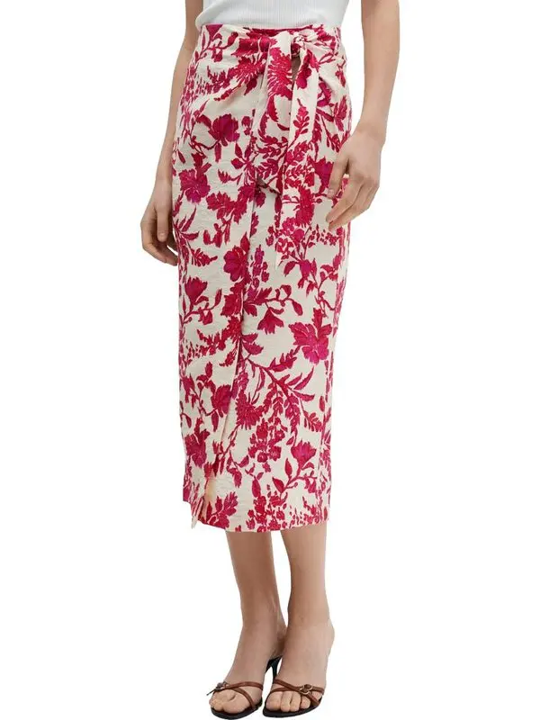 Mango Floral Print Wrap Midi Skirt - Coral Red