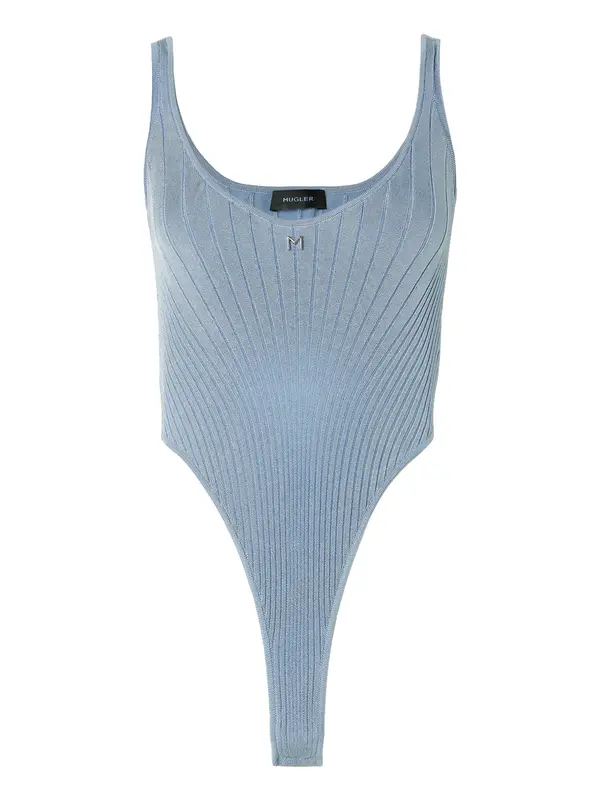 MUGLER Embellished Ribbed Stretch-knit Bodysuit - Blue