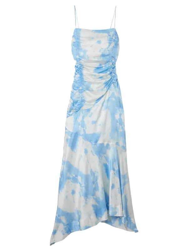 GANNI Ruched Asymmetric Printed Recycled-satin Midi Dress - Blue
