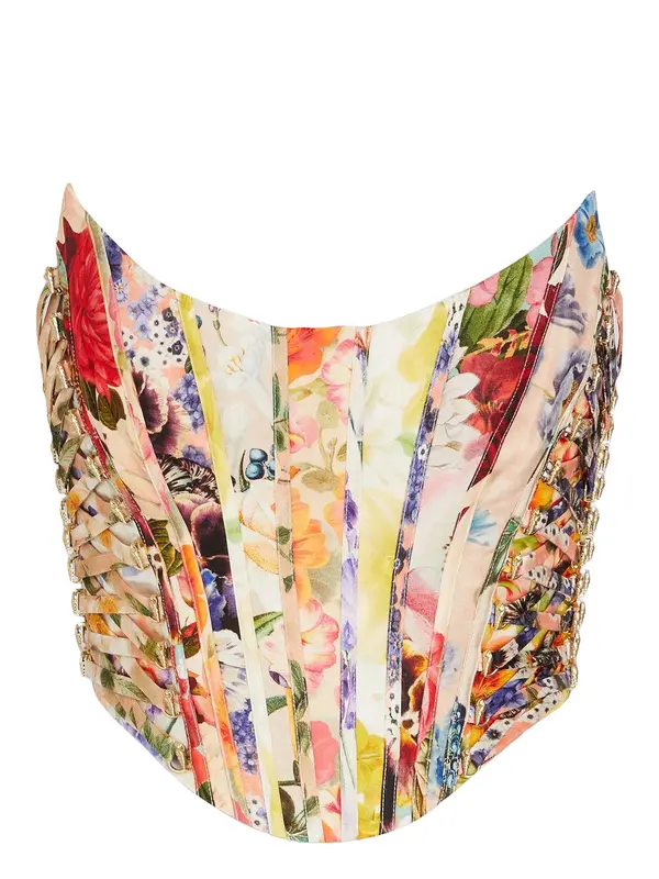 Zimmermann Floral-print Linen And Silk-blend Bustier Top - Pink