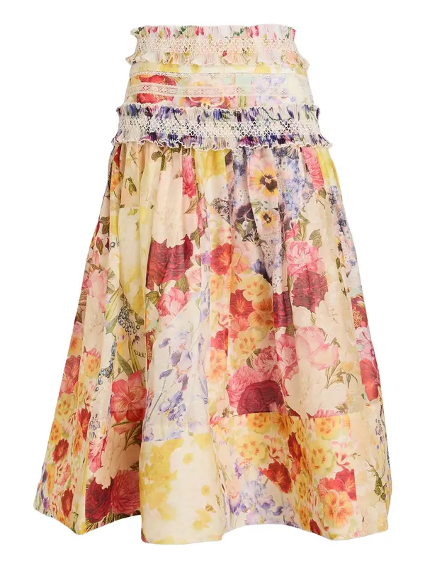 Zimmermann Ruffled Floral-print Linen And Silk-blend Gauze Midi Skirt - Yellow