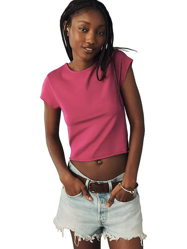 Anthropologie Evan Cropped Raw-edge T-shirt - Dragon Fruit