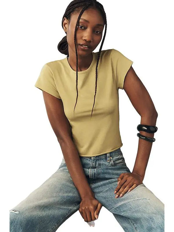 Anthropologie Evan Cropped Raw-edge T-shirt - Guacamole