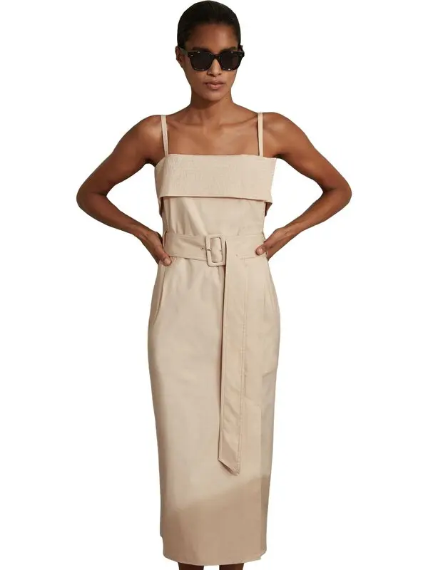 REISS Dhalia Cargo Belted Midi Dress - Stone