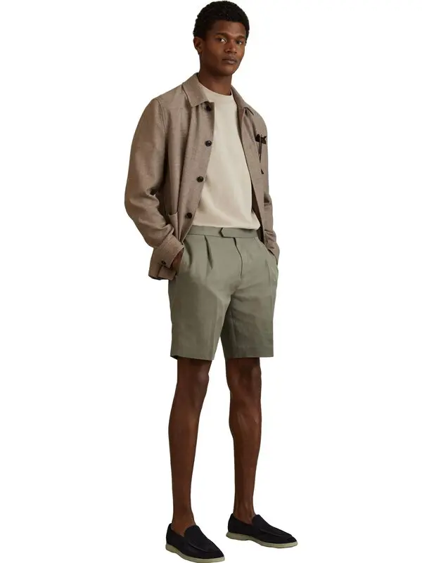 REISS Con Cotton Linen Blend Shorts - Sage