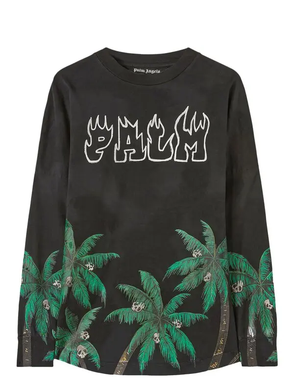 Palm Angels Palms And Skull Over Tee Long-sleeve /green - Black