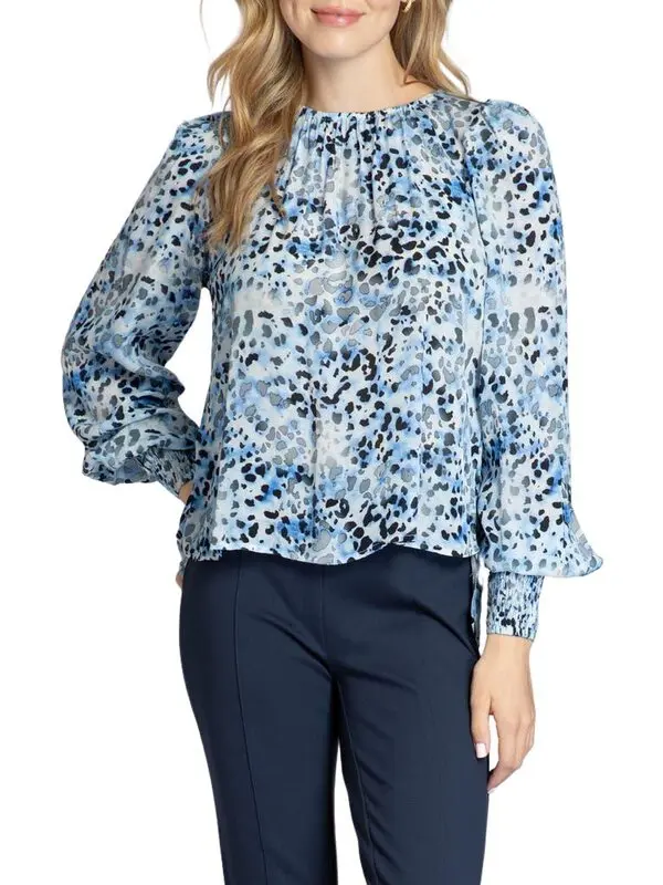 APNY Leopard Print Gathered Neck Chiffon Blouse - Blue Multi