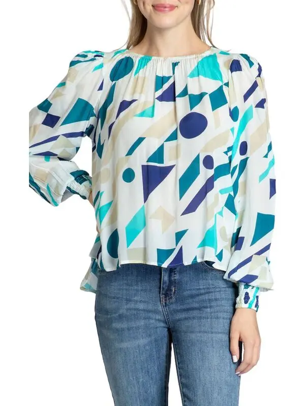 APNY Leopard Print Gathered Neck Chiffon Blouse - Blue Multi
