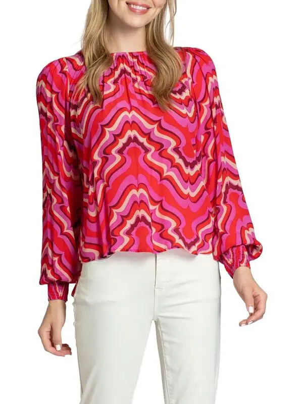 APNY Leopard Print Gathered Neck Chiffon Blouse - Pink Multi